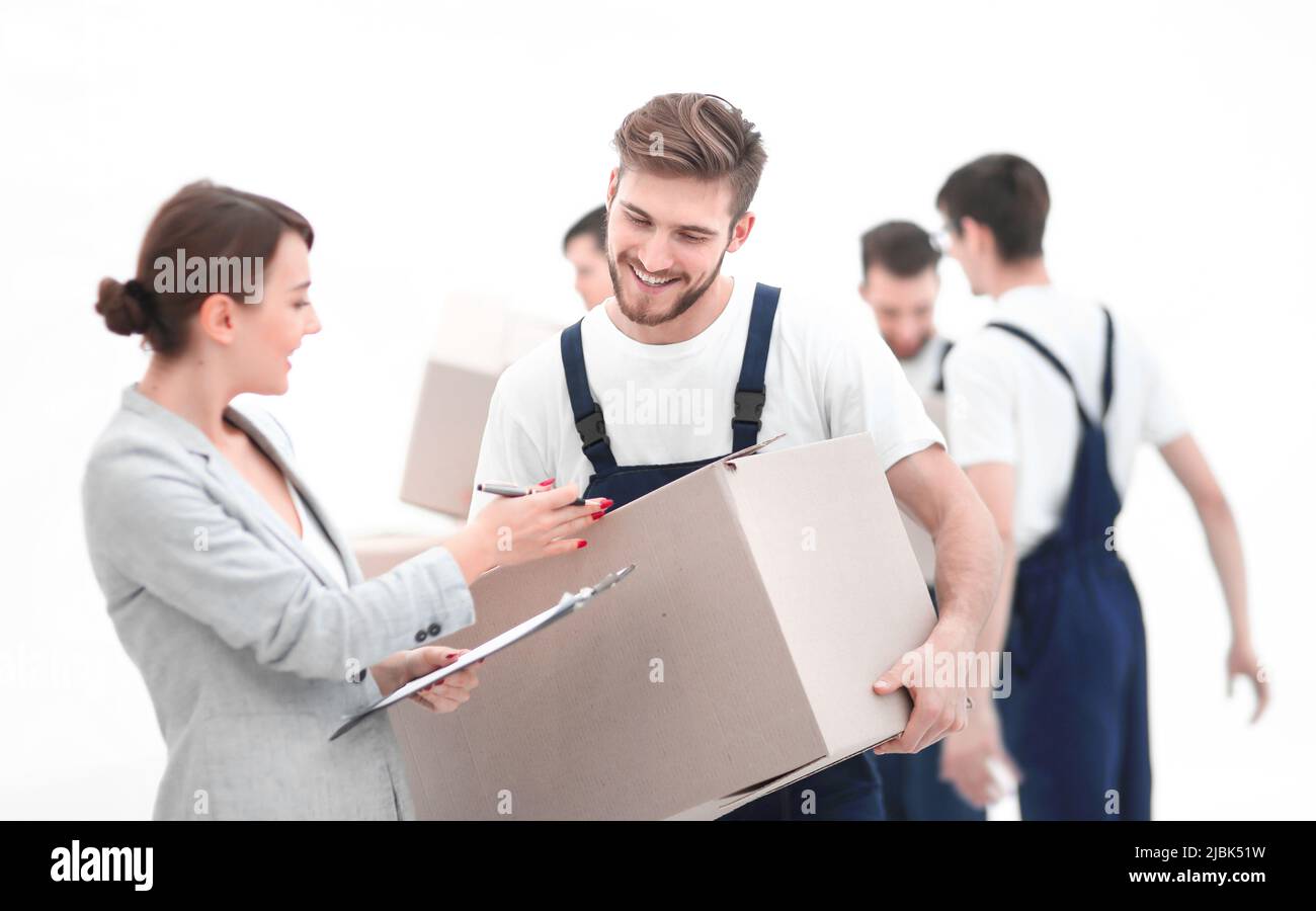 Manager and movers isolated on white background Stock Photo - Alamy