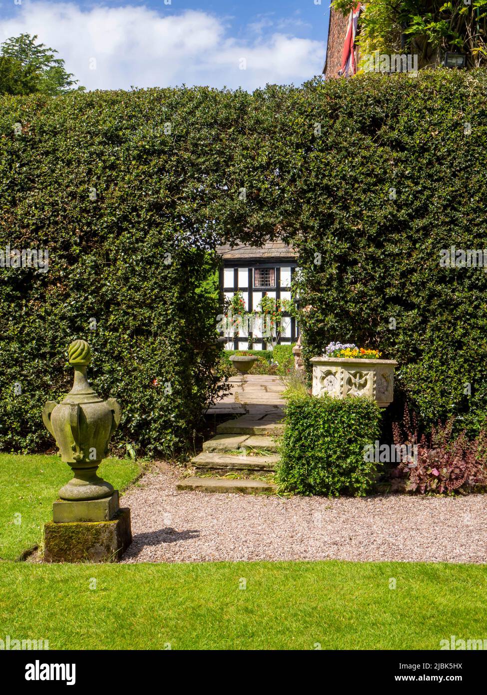 Gawsworth Hall through the hedge with stone urn and planters Stock ...