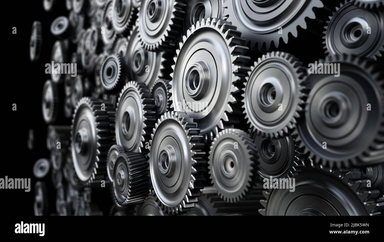 Background formed with group of 3D steel wheels in motion. 3D ...