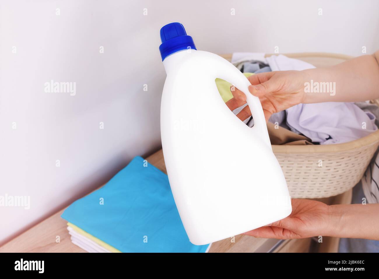 Close-up, white clean bottle, logo template, labels. liquid detergent ...
