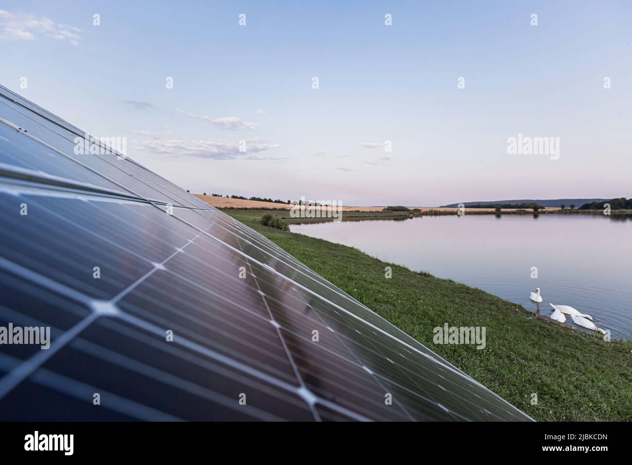 Large solar panel near the lake with birds, renewable energy eco Stock ...