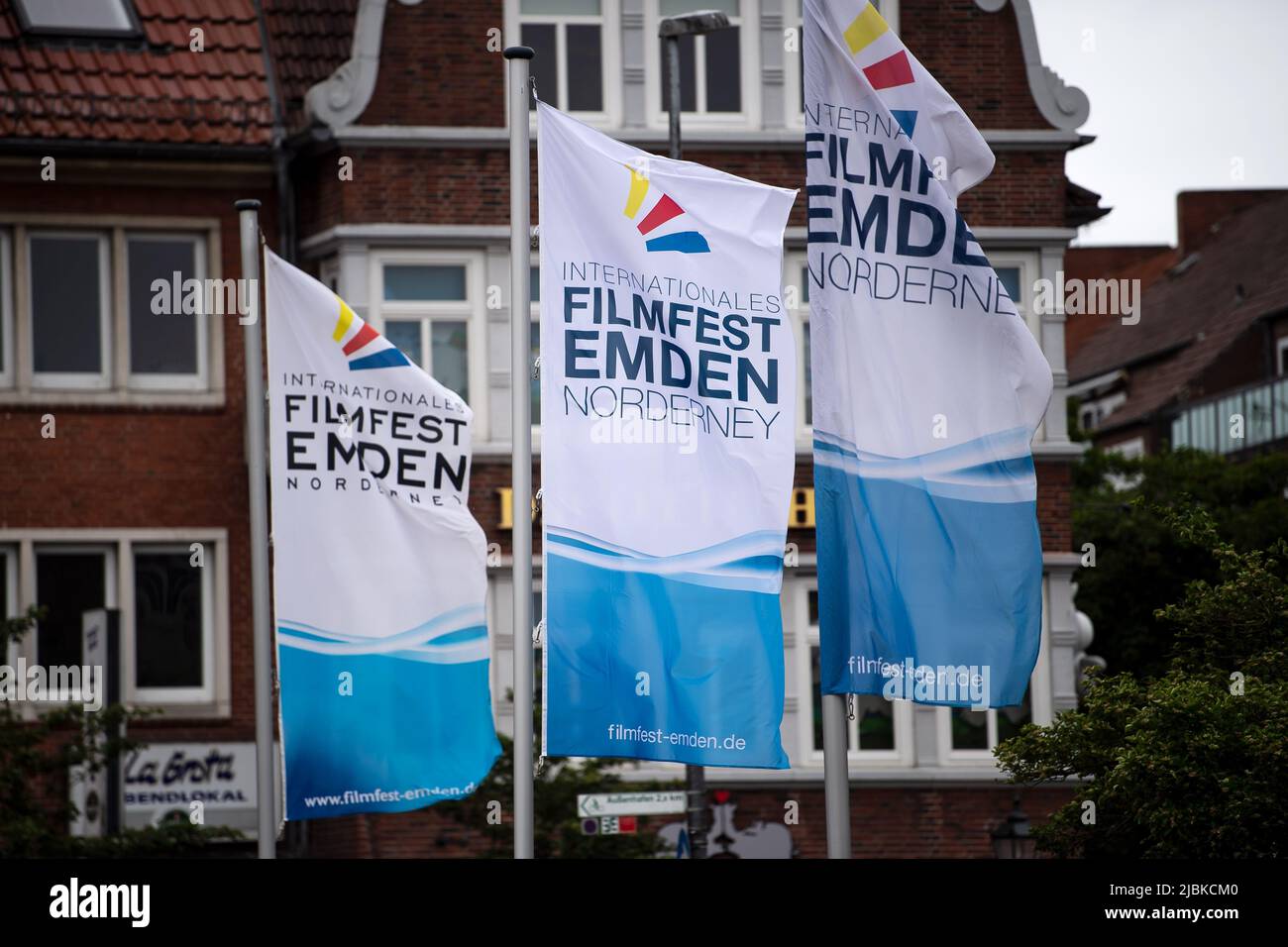 Emden, Germany. 07th June, 2022. Flags with the inscription ...