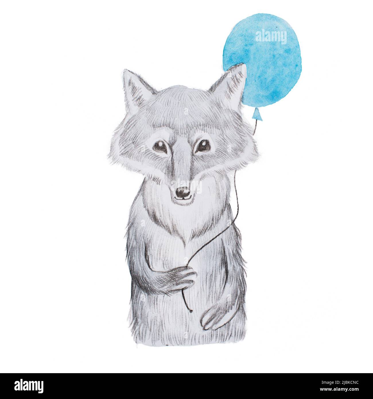 Fluffy cartoon realistic wolf holding a blue balloon Stock Photo - Alamy
