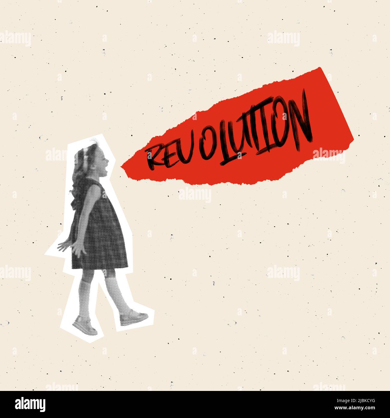 Contemporary art collage. Little girl, child shouting revolution word ...