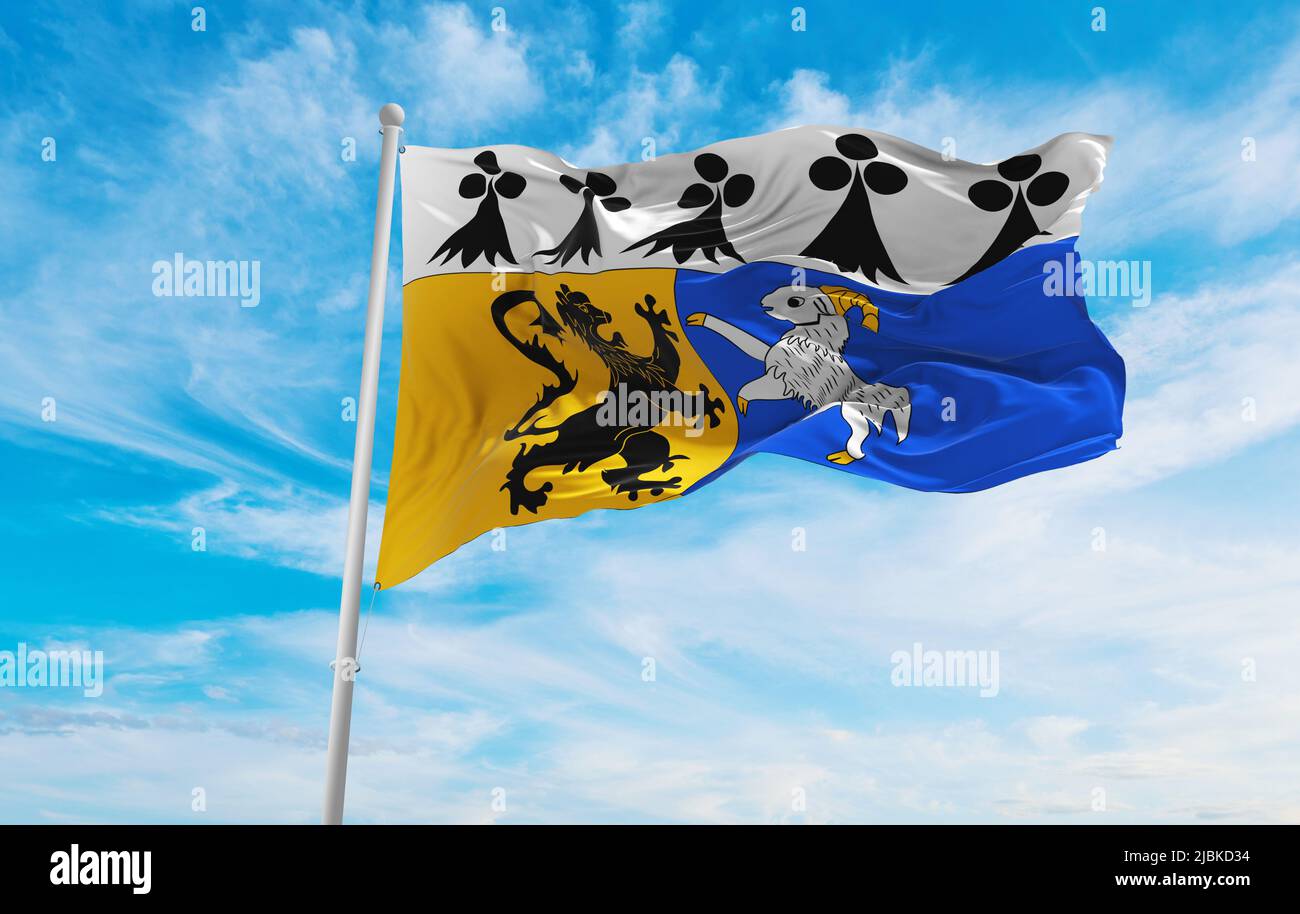 flag of Finistere, France at cloudy sky background on sunset, panoramic ...