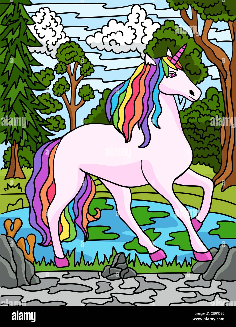 Unicorn In Forest Colored Cartoon Illustration Stock Vector Image & Art ...