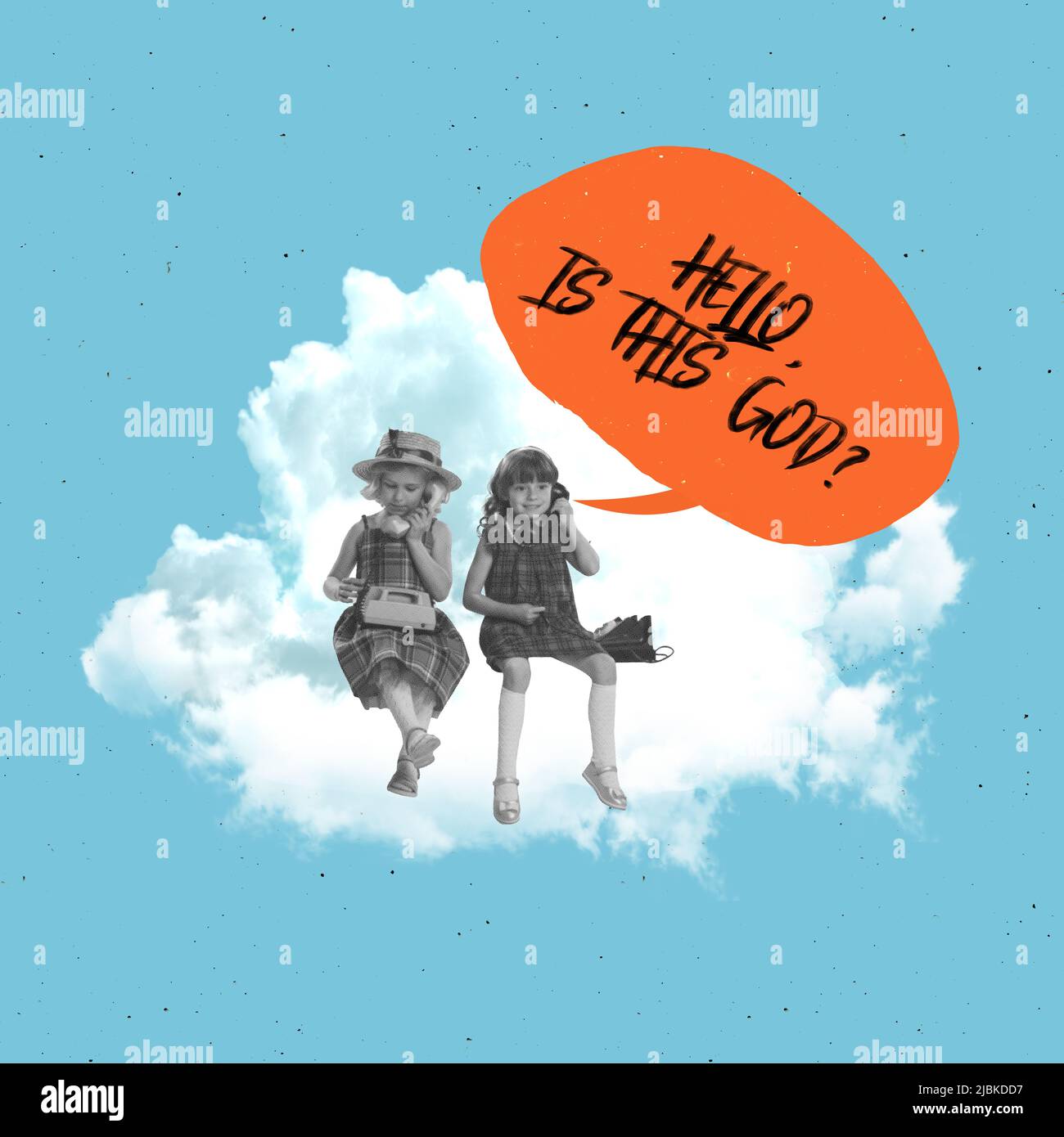 Contemporary art collage. Two little girl, beautiful children sitting ...