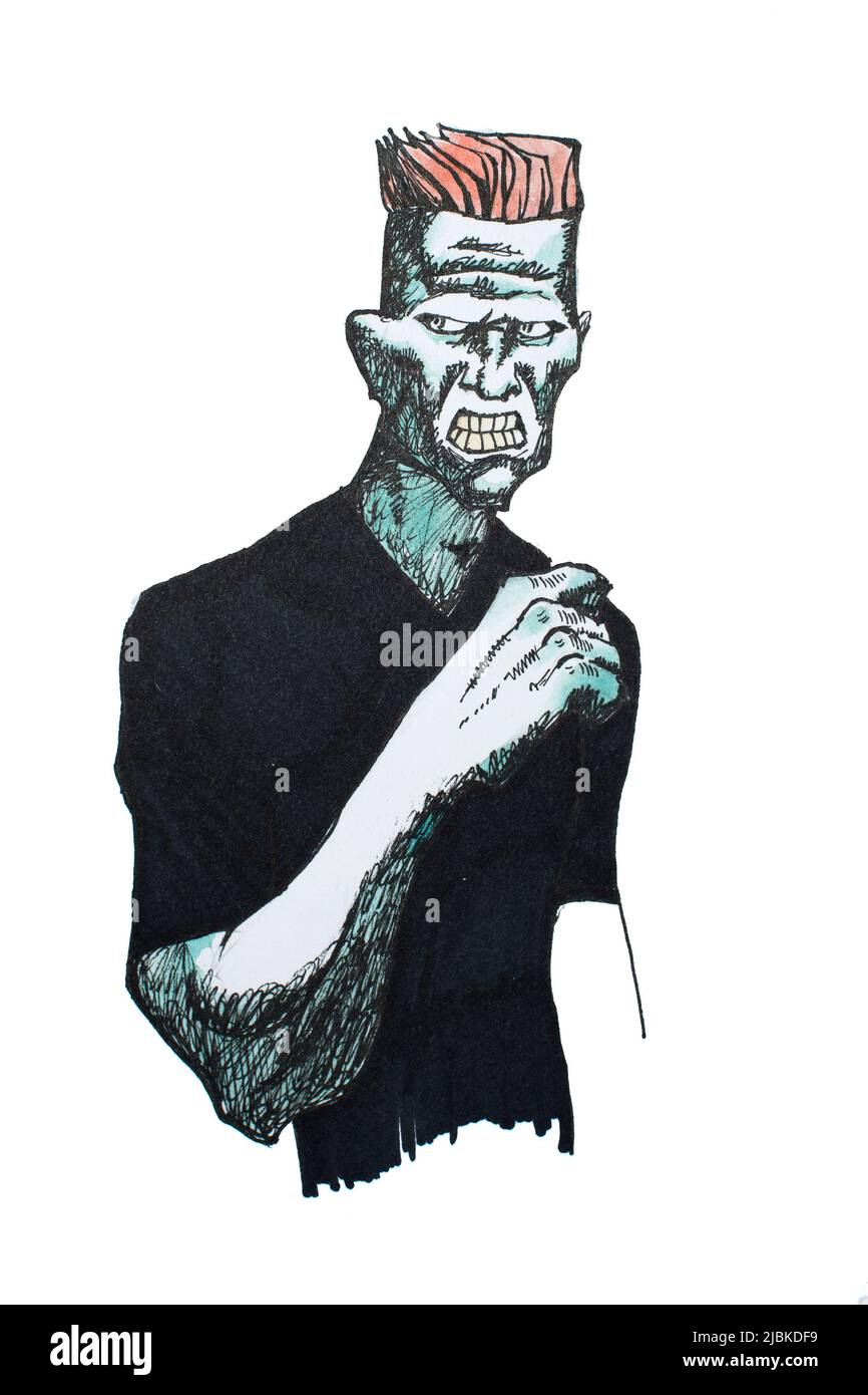 Pen-and-ink portrait of brutal man looking aggressive and threatening ...