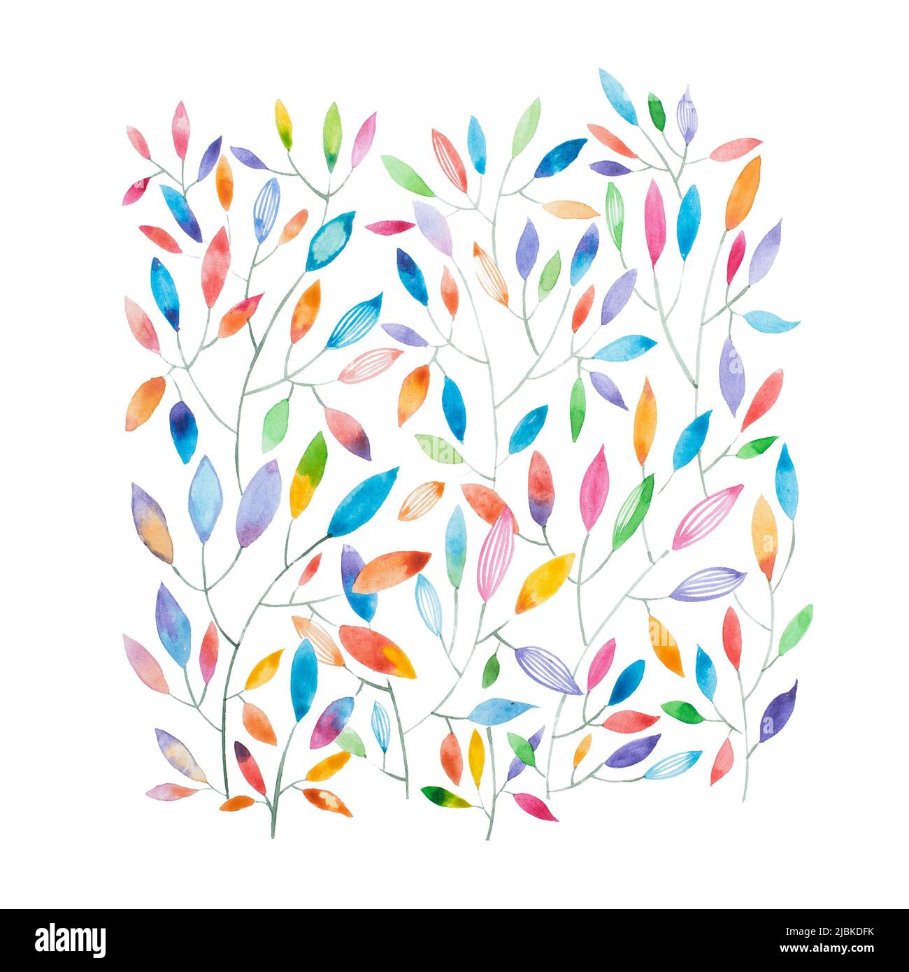 Watercolor painting of thin tree branches with multicolored leaves ...