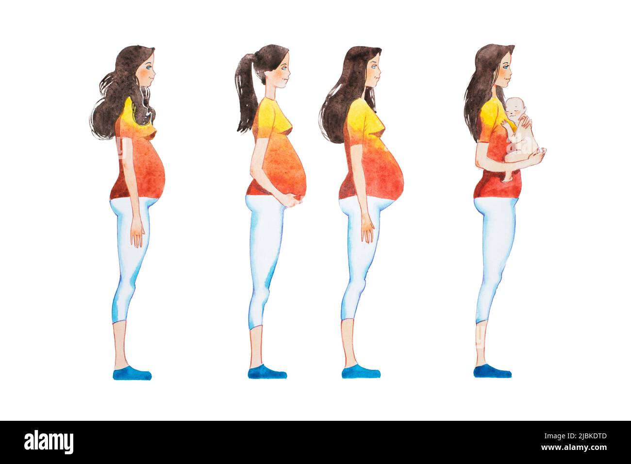Cartoon illustration of pregnancy stages. Side view image of pregnant ...