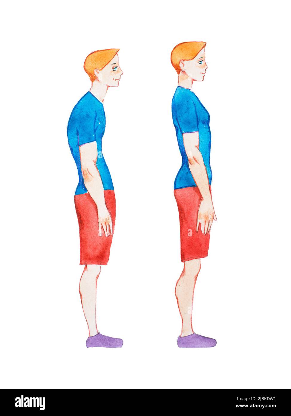 Watercolor illustration of people with right and wrong posture. Men and ...