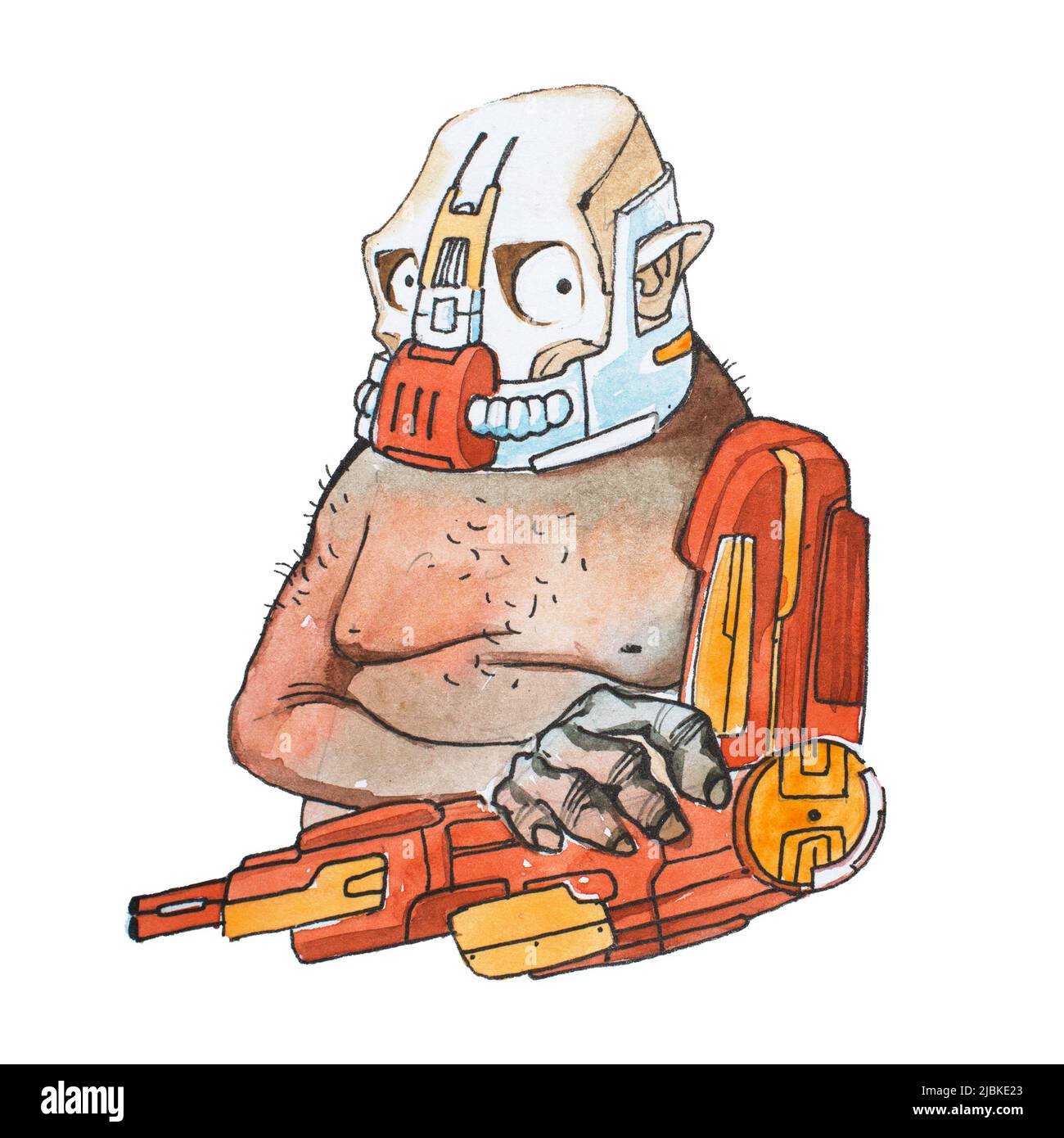 Hand-drawn comic character. Watercolor sketch of cyborg man with ...