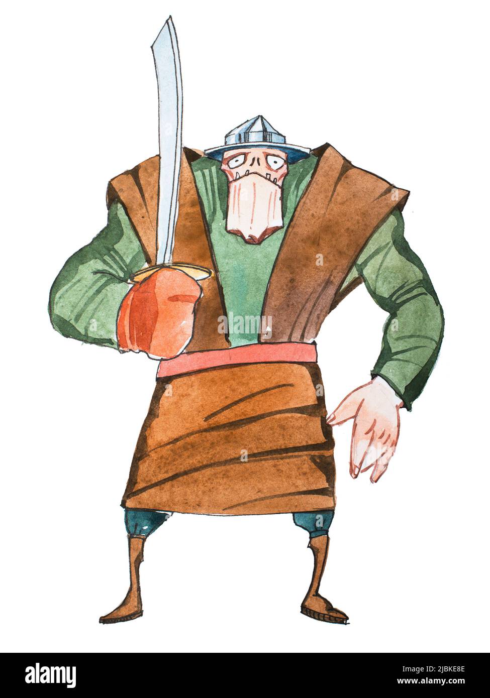 Portrait of a huge silly warrior holding a sabre wearing medieval ...