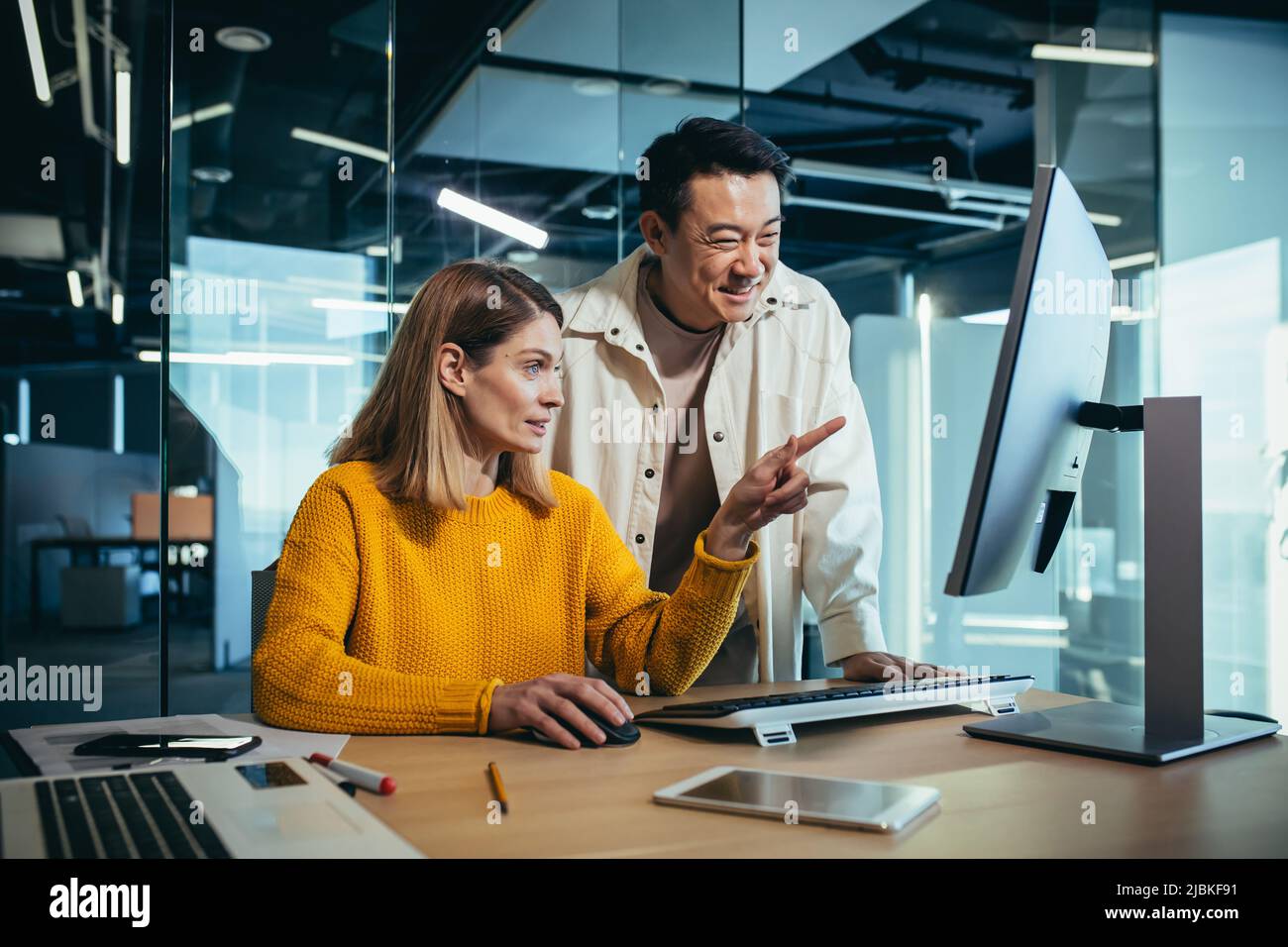 Business team man and woman, working together, happy and cheerful ...