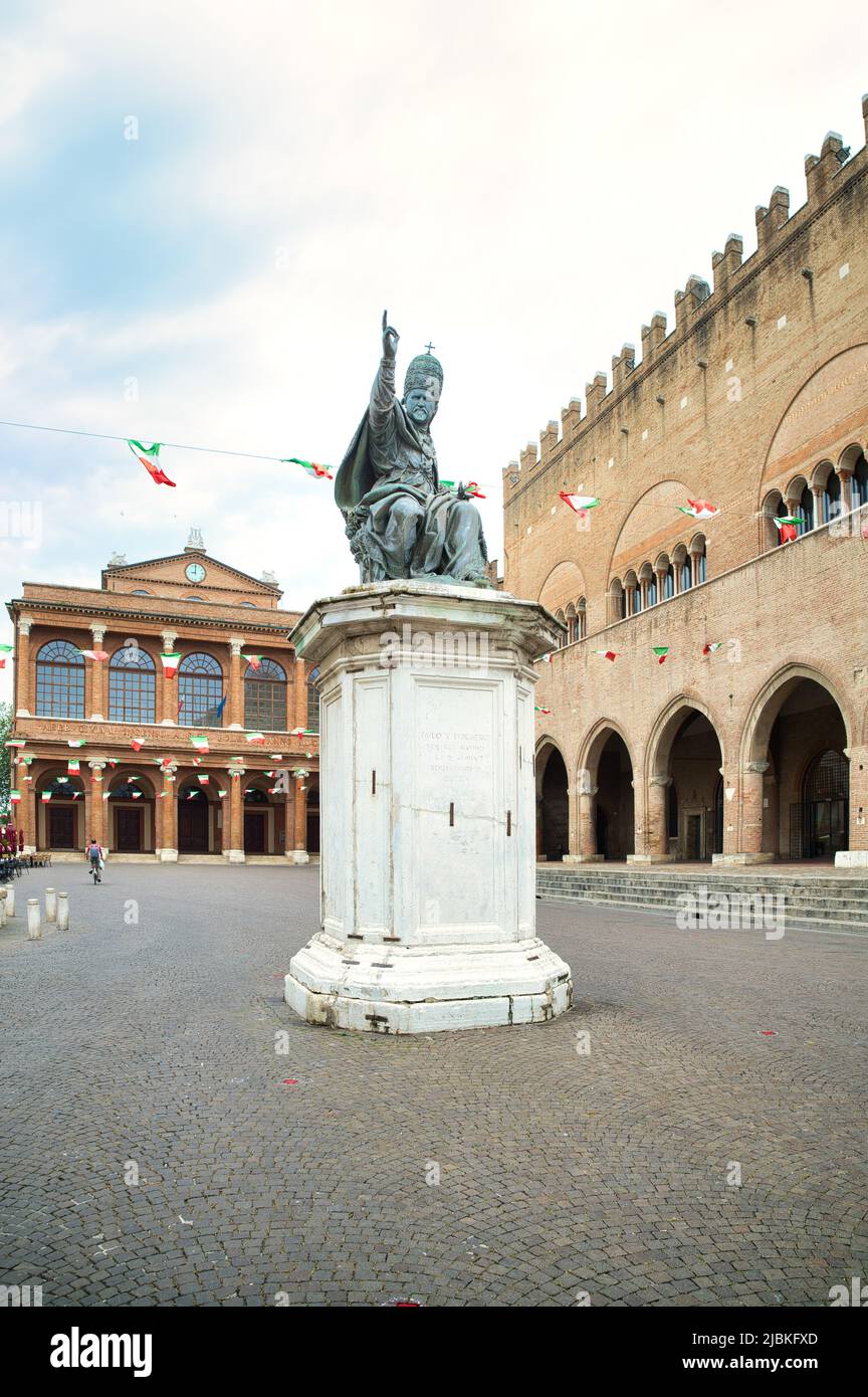 The Cavour square with the statue of Paul V in Rimini adriatic riviera ...