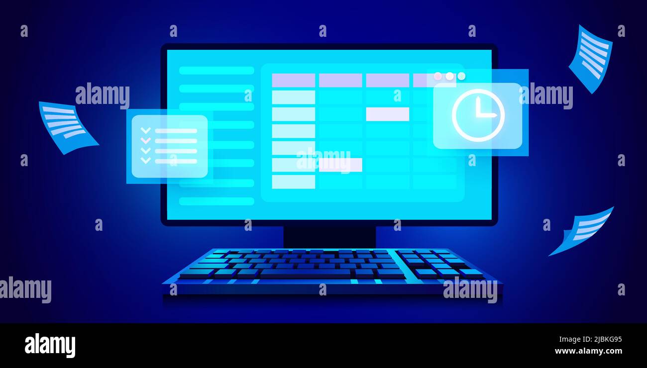 Calendar and clock on computer screen. Schedule concepts. Modern ...