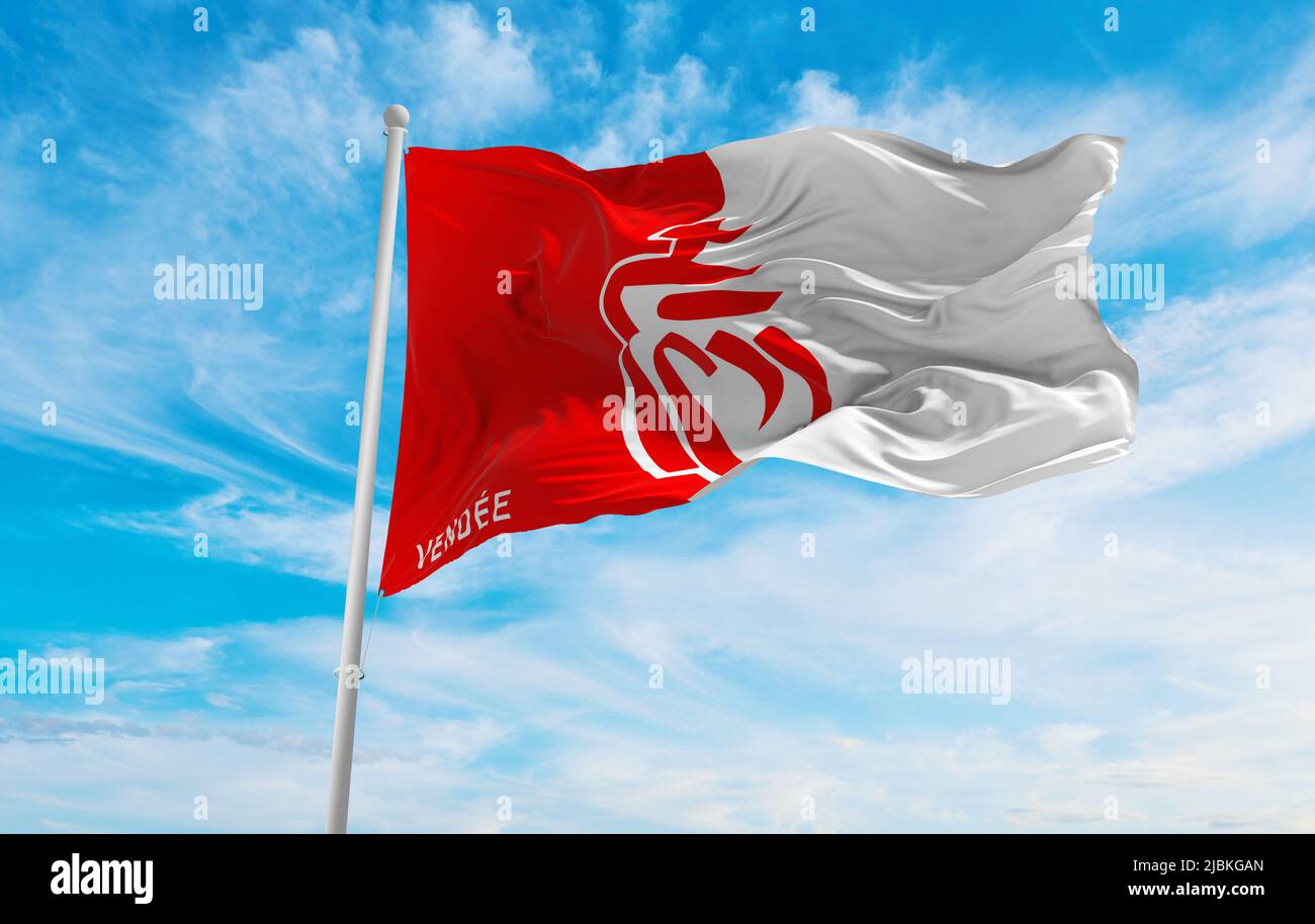 flag of department of Vendee, France at cloudy sky background on sunset ...