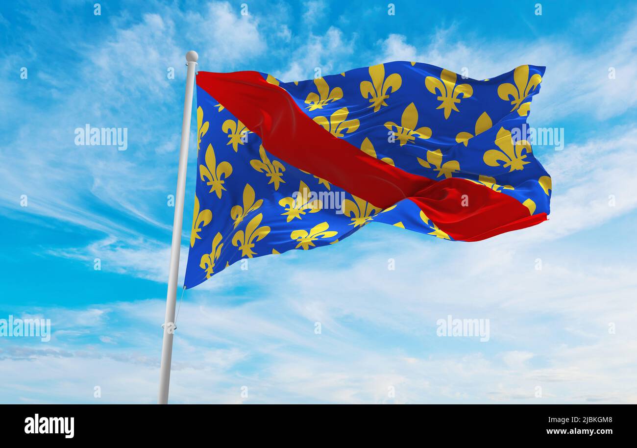 flag of department of Allier, France at cloudy sky background on sunset ...