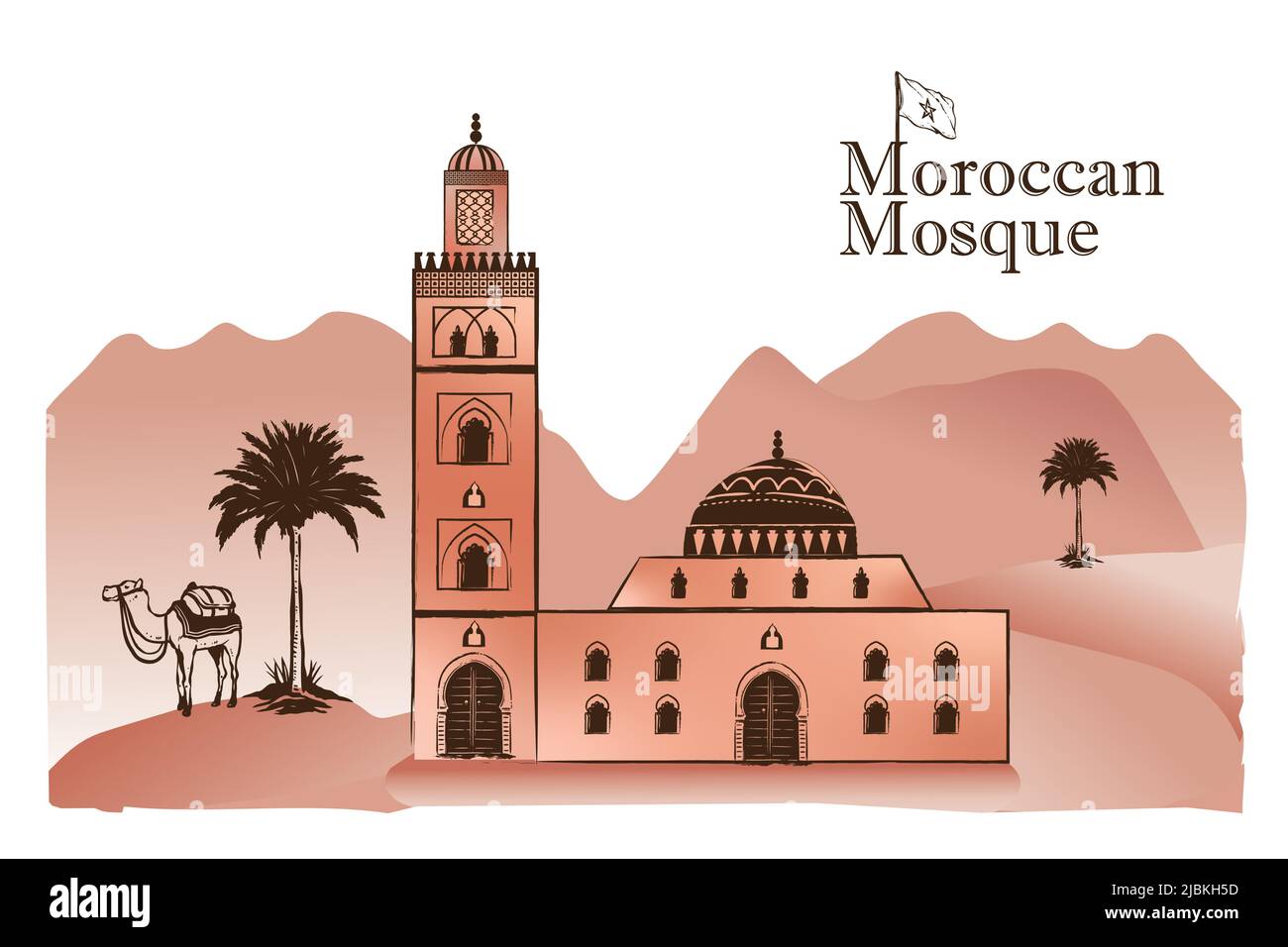 Moroccan mosque, palm tree, camel, sahara dunes. Vector image. isolated ...