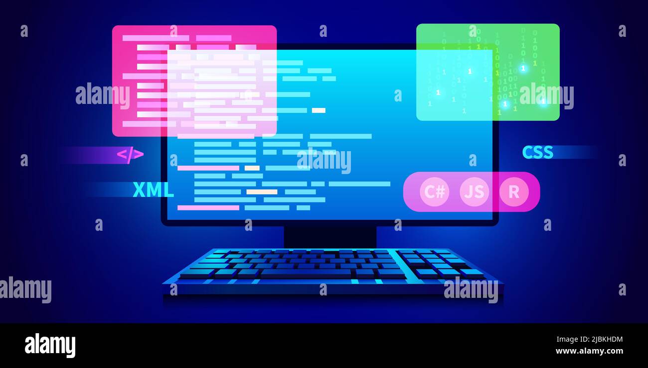 Web Development Coding And Programming Futuristic Banner Computer Code On Computer Vector