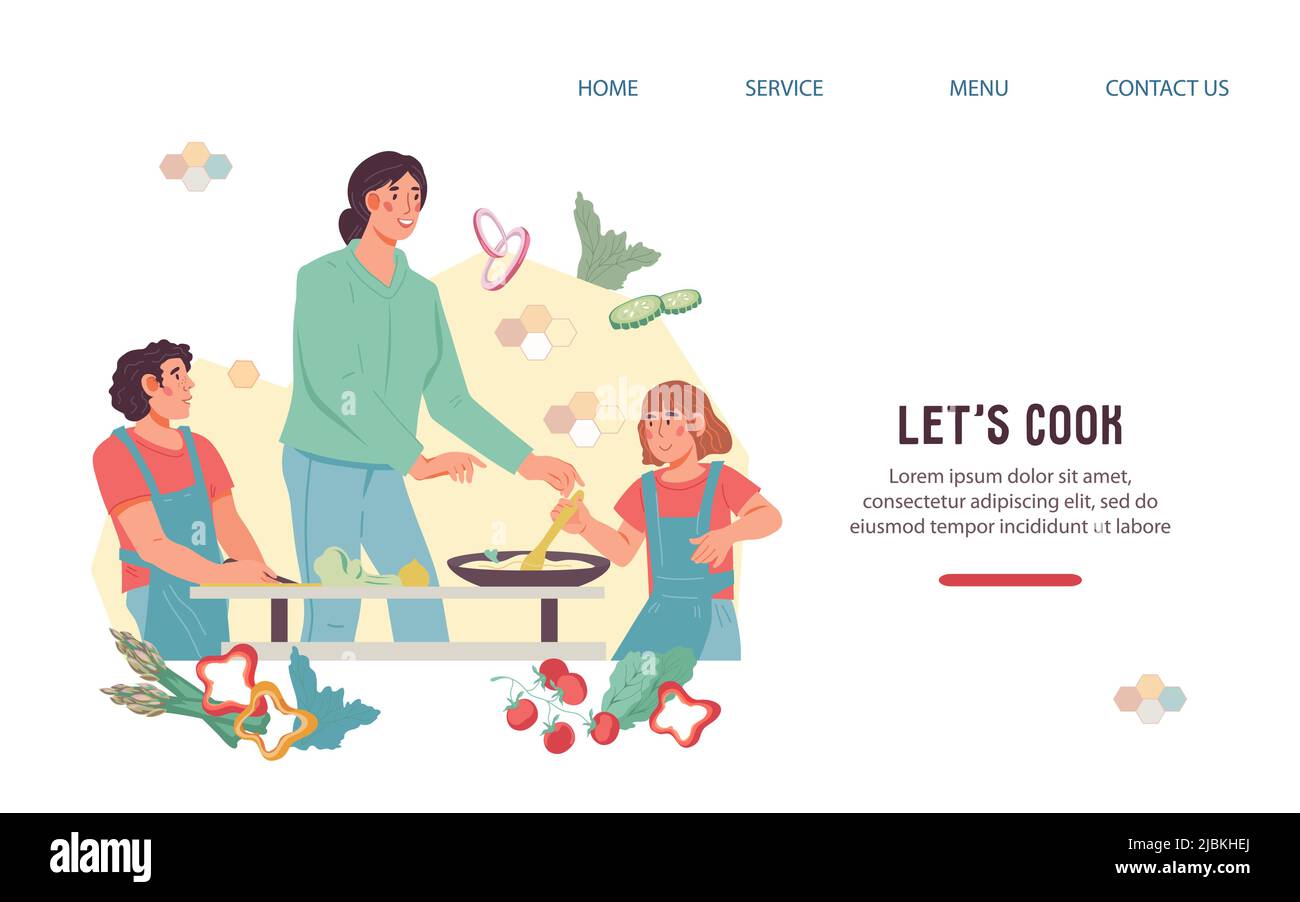 Web page banner with happy family cooking in the kitchen, mother ...