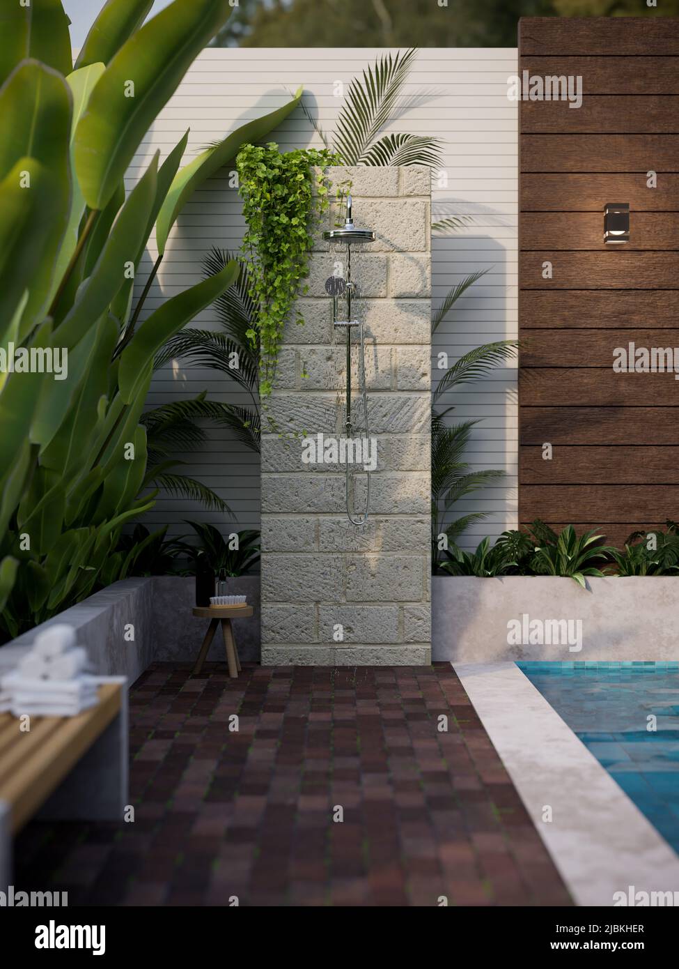 Stunning outdoor shower in the tropical green garden by the pool in ...
