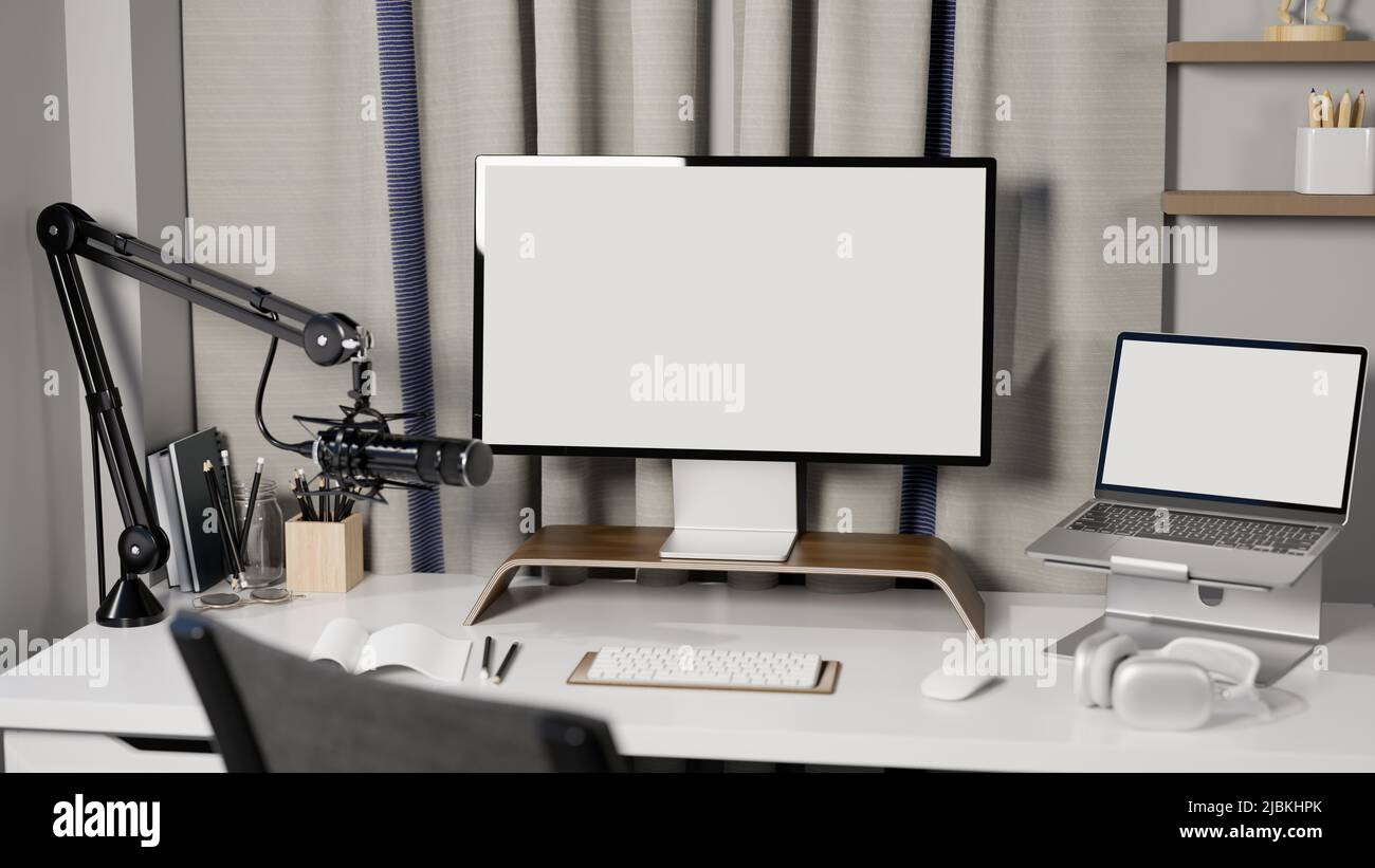 Modern home broadcasting station with pc computer and notebook laptop ...