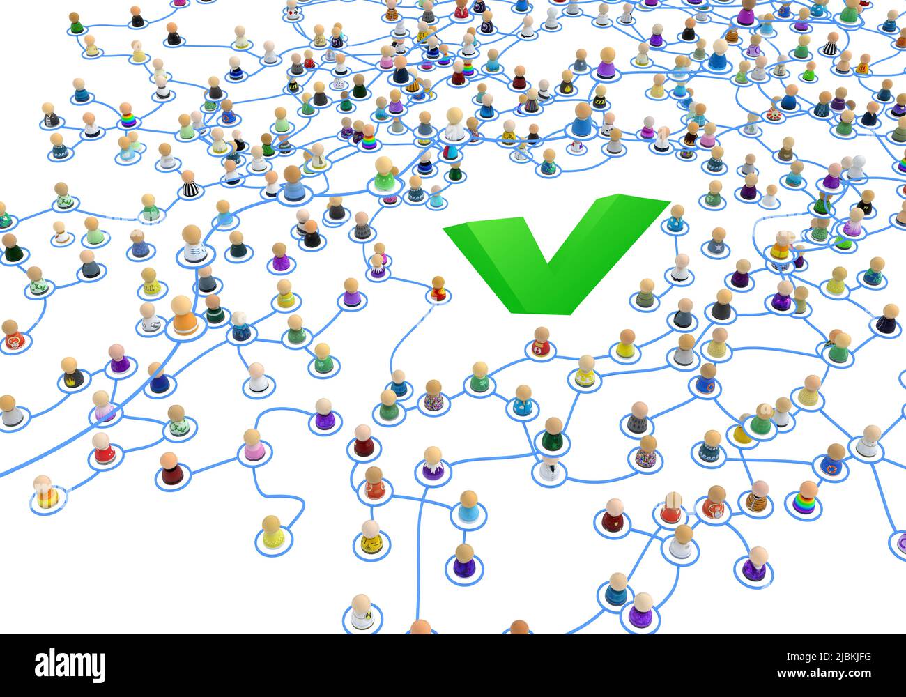 Crowd of small symbolic 3d figures linked by lines, complex layered ...
