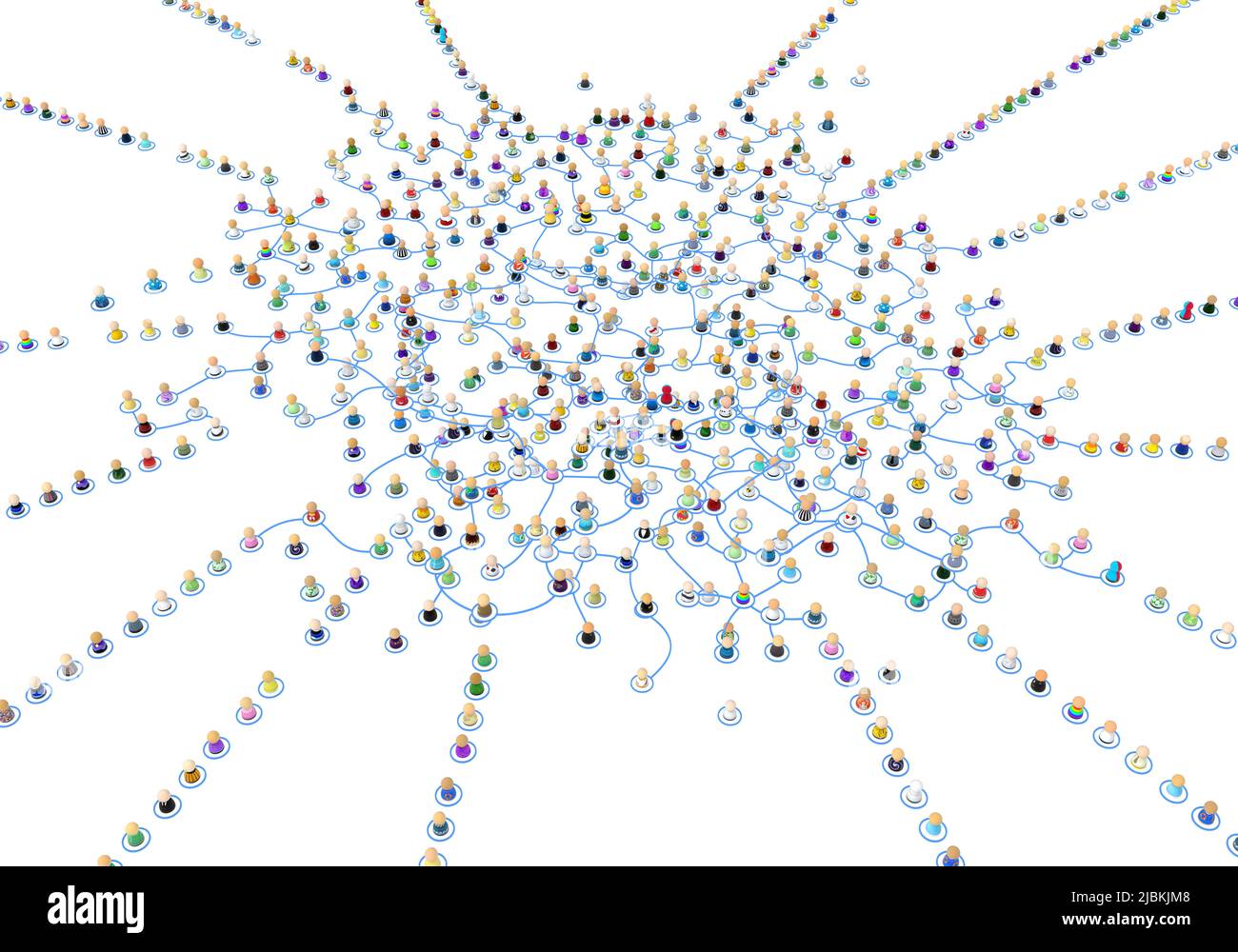 Crowd of small symbolic 3d figures linked by lines, complex layered ...