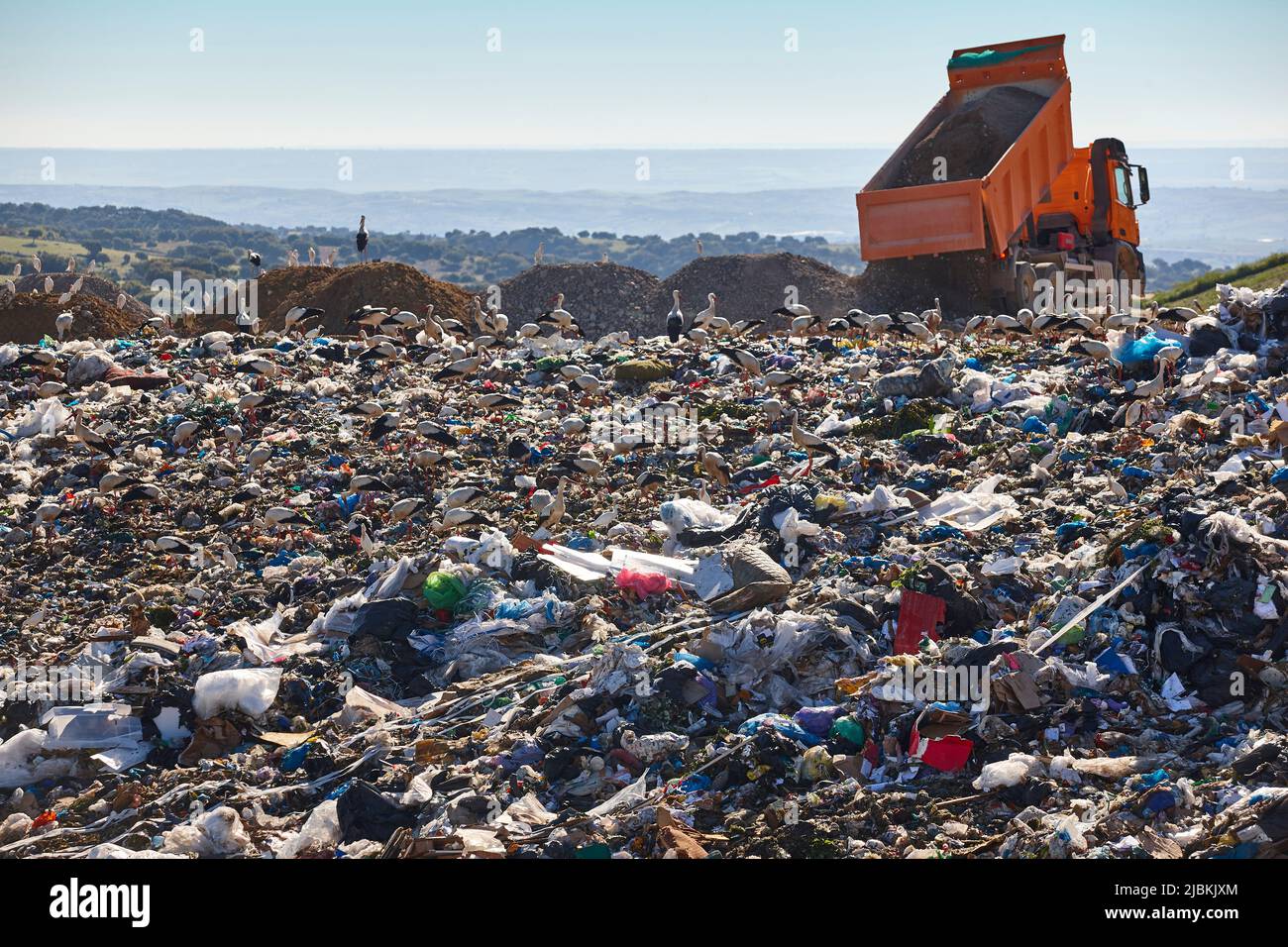 Truck unloading soil at a landfill site. Environmental damage. Waste ...