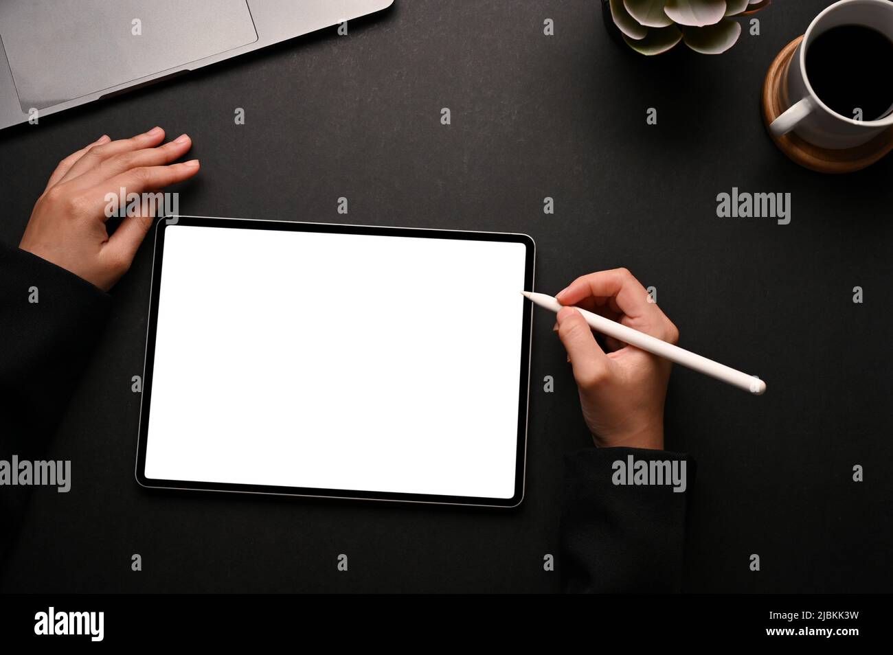 A female holding a stylus pen and drawing on digital tablet touchpad ...