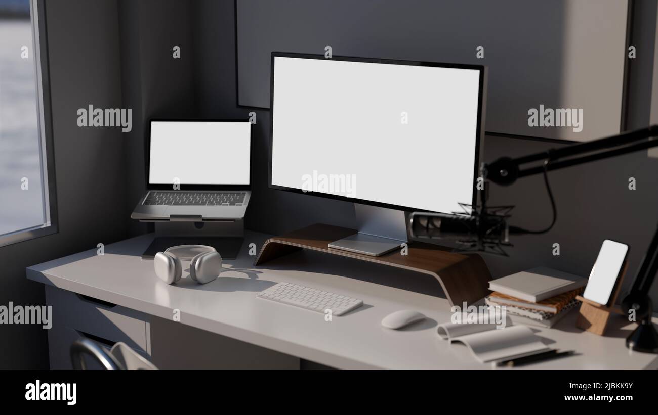 Modern online radio station, streaming and broadcast office studio with ...