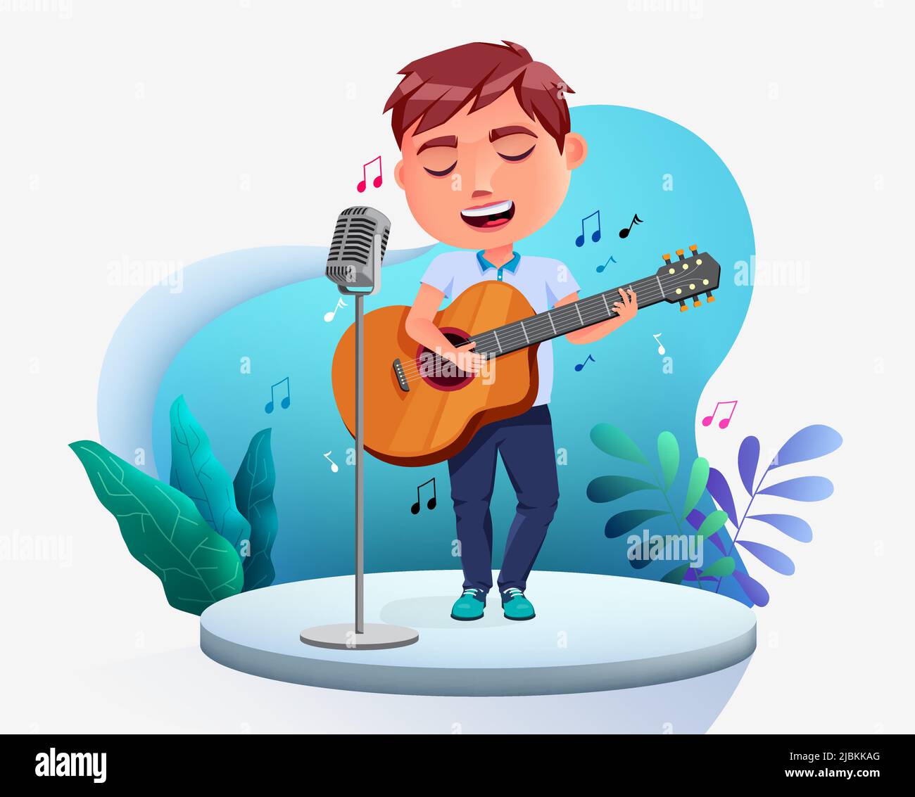 Kid singer vector character design. Boy student singing and playing ...