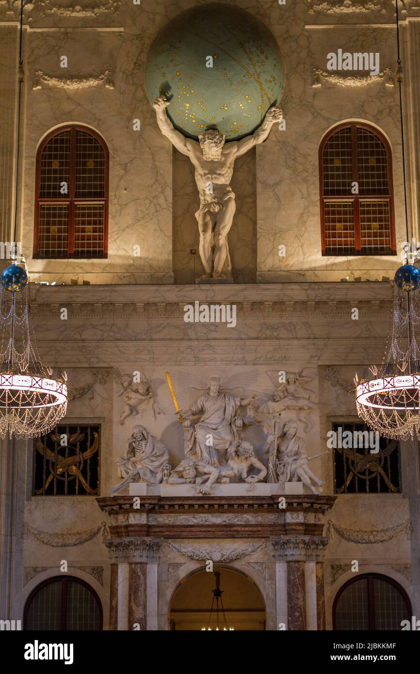 Atlas statue inside Royal Palace of Amsterdam in Dam Square Stock Photo ...