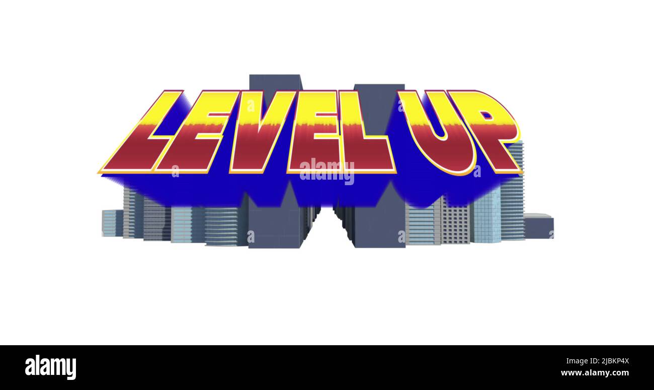 Image of level up text over cityscape on white background Stock Photo ...