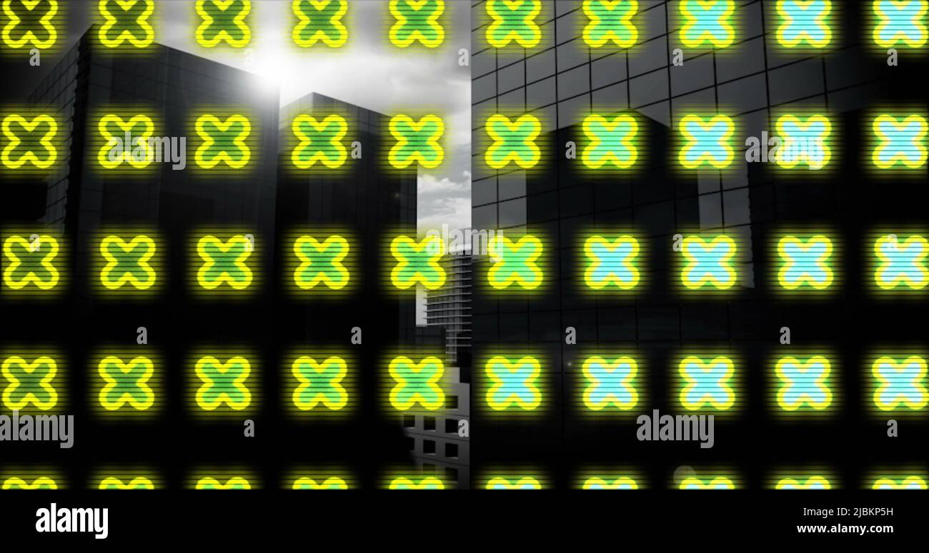 Image of green crosses spinning over cityscape background Stock Photo ...