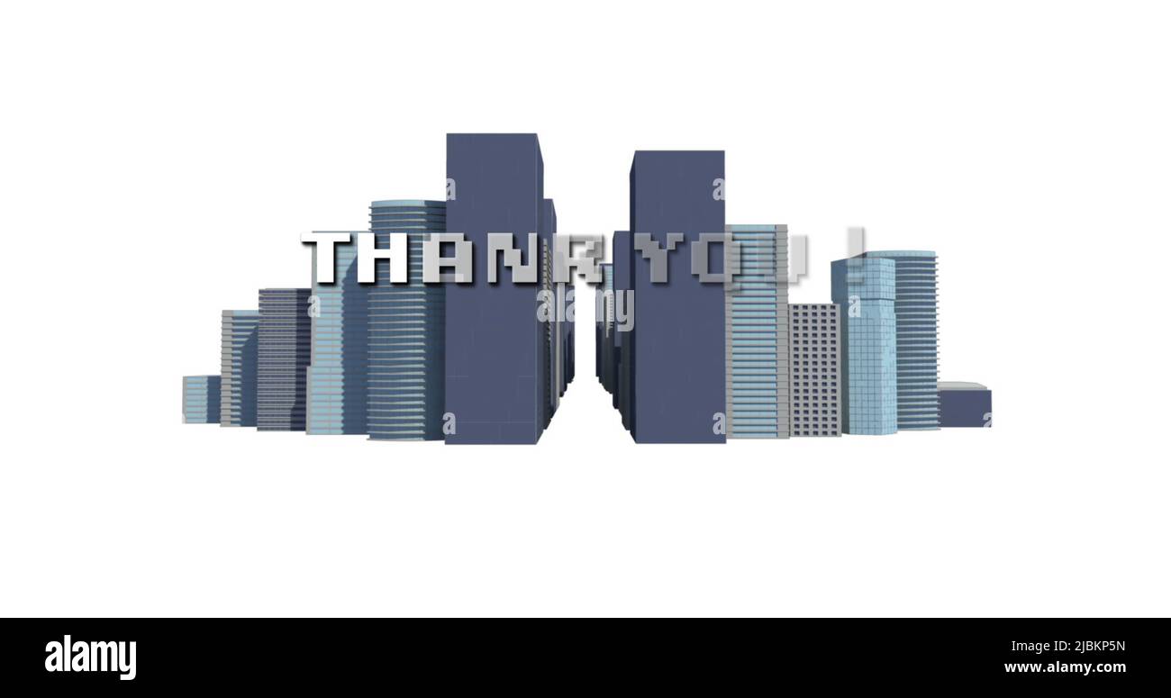 Image of thank you text in white letters over cityscape on white ...