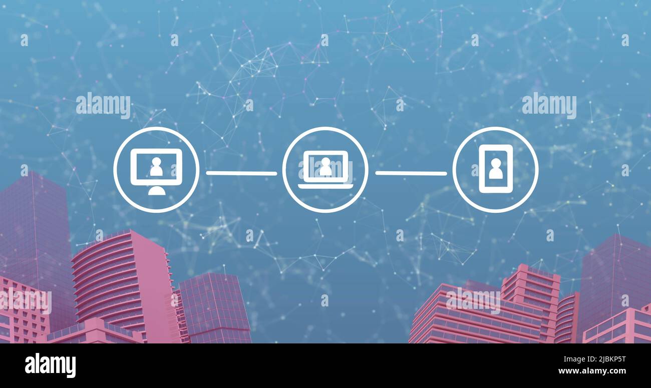 Image of network of connections and icons cityscape Stock Photo - Alamy