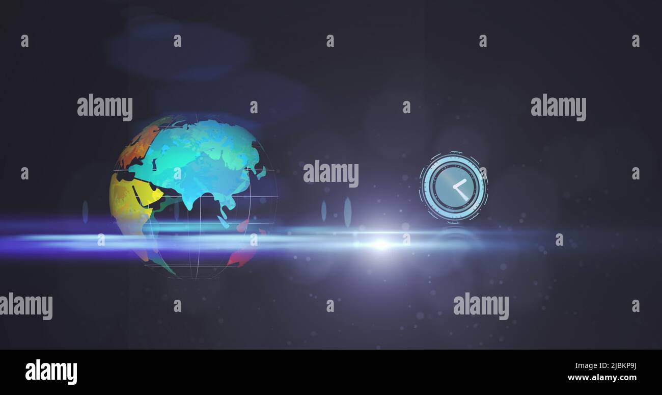 Image of clock over lights and spinning globe Stock Photo - Alamy