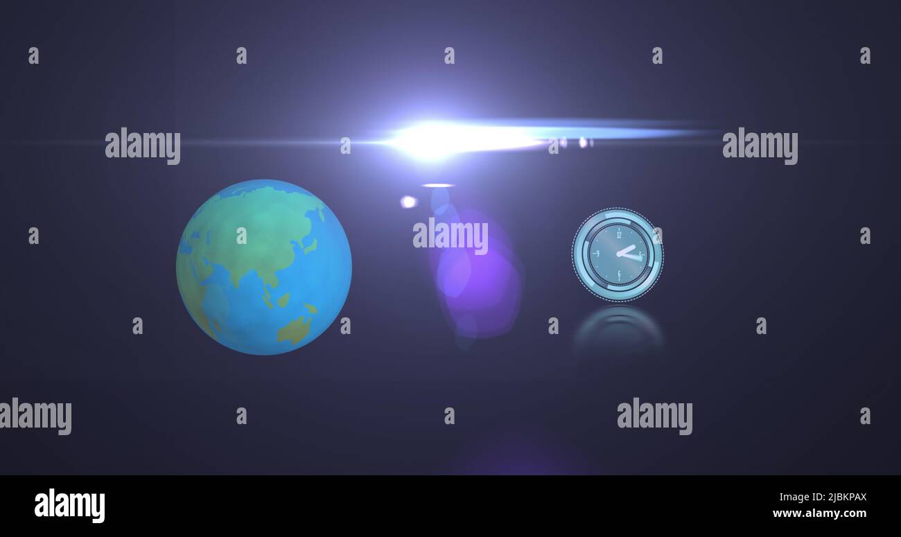 Image of clock over lights and spinning globe Stock Photo - Alamy