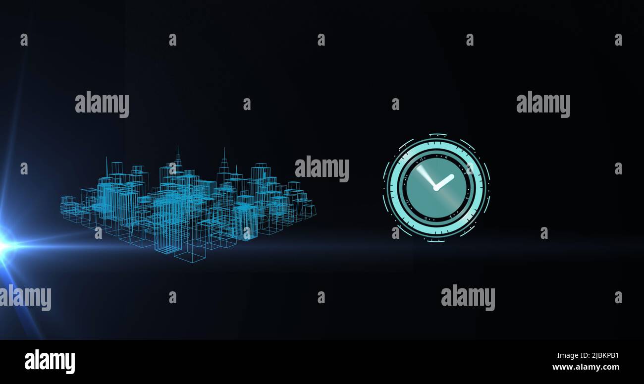 Image of clock over digital city model Stock Photo - Alamy