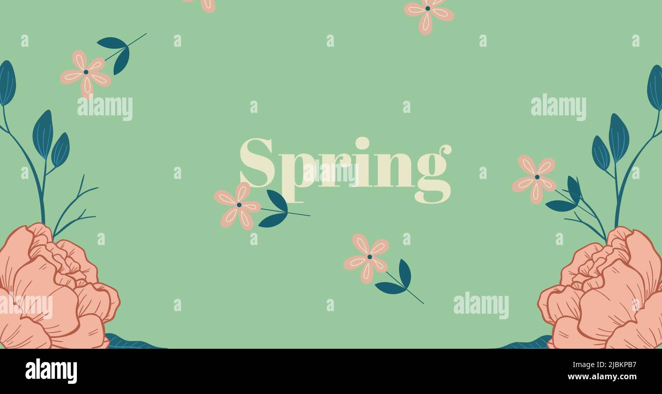 Image of spring text over pink flowers falling and floral decoration on ...