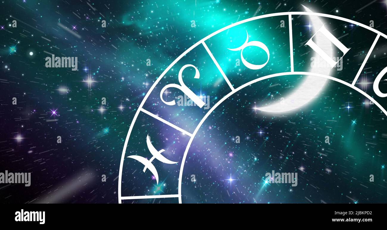 Digital image of moon and spiral symbols of the zodiac signs in space ...