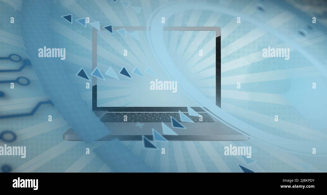 Image of scope scanning and laptop on blue background Stock Photo - Alamy