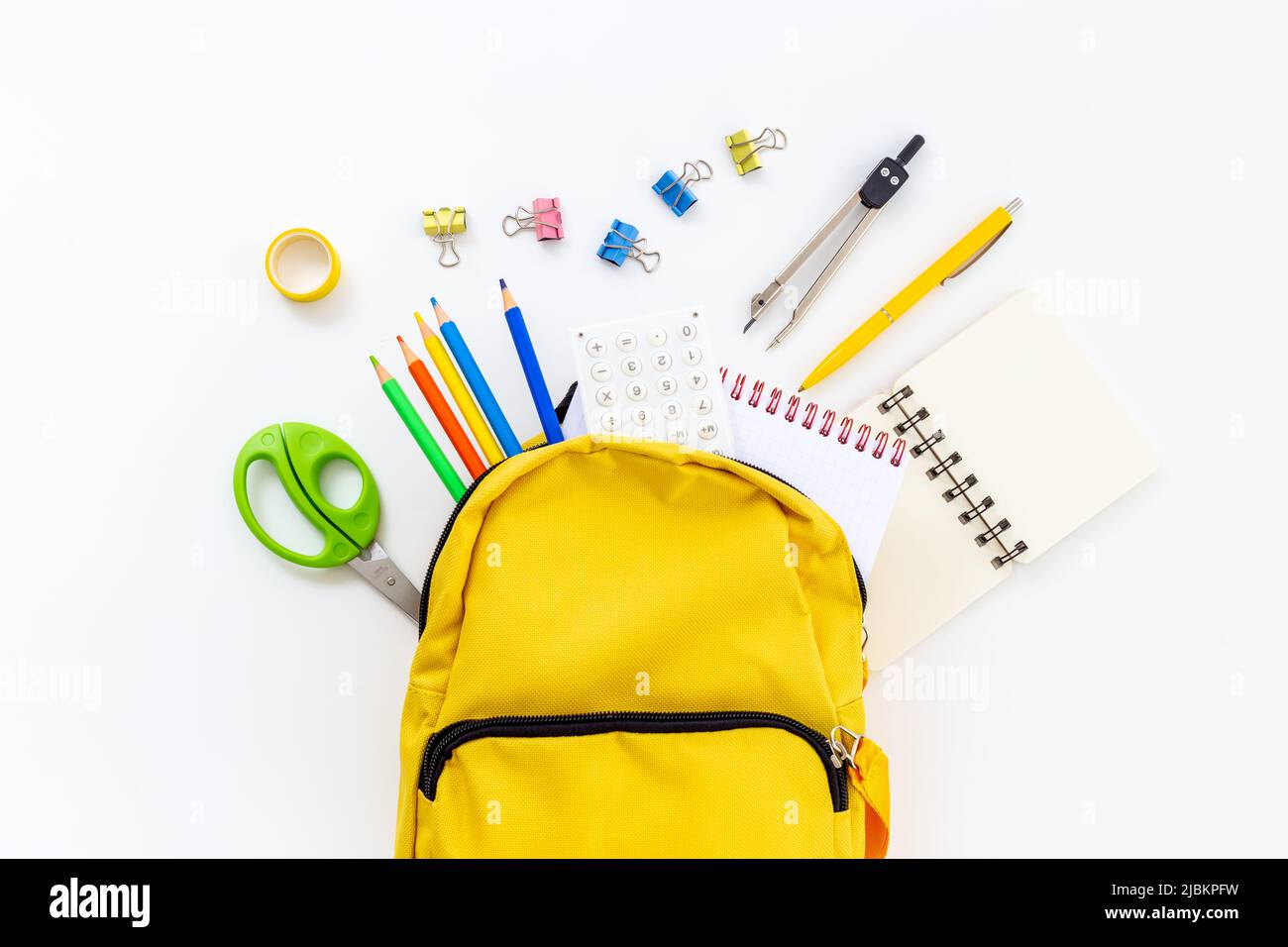 Educational objects top view. School backpack with colorful stationery ...