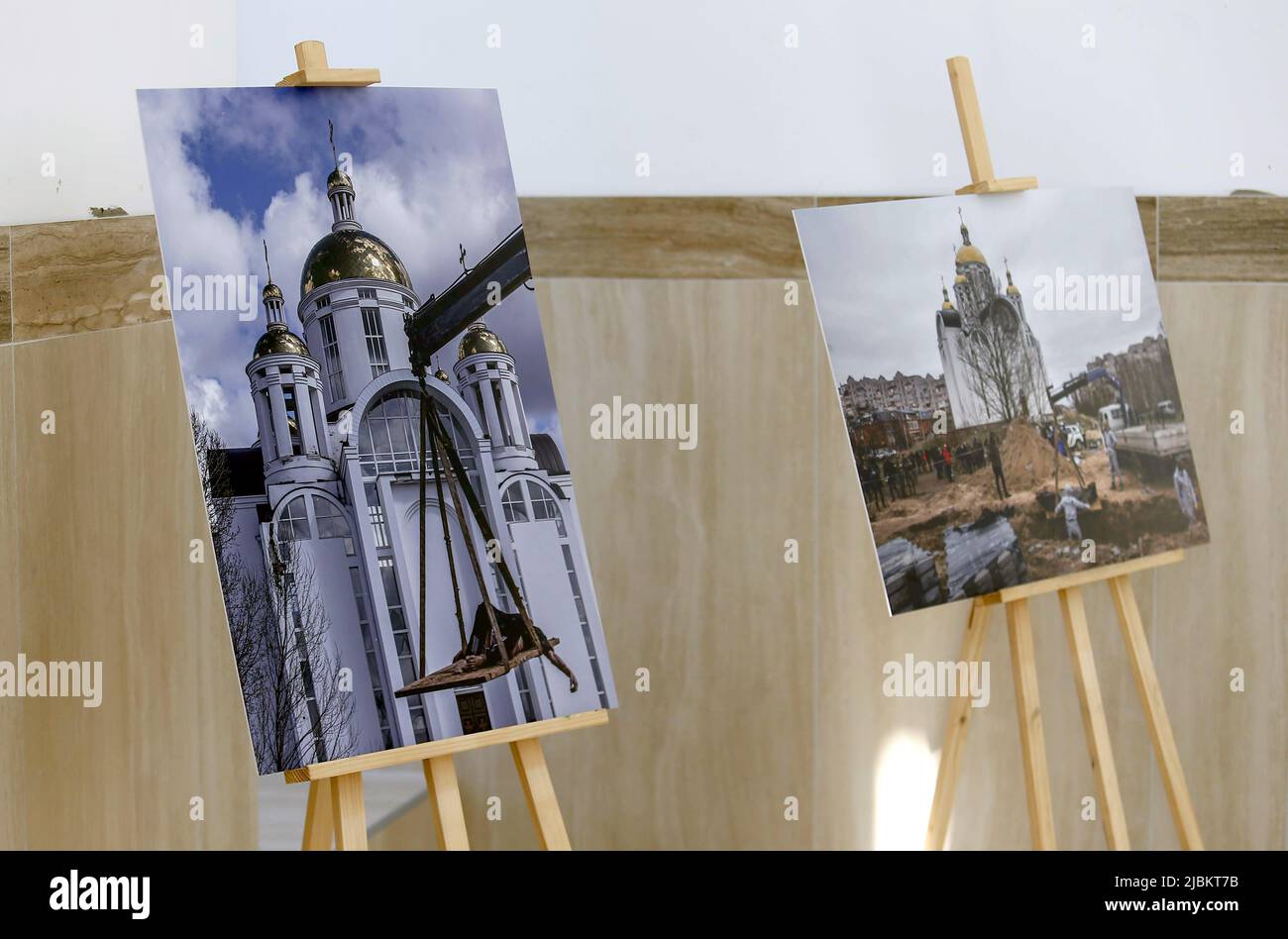 BUCHA, UKRAINE - JUNE 6, 2022 - The photographs taken at a mass burial ...