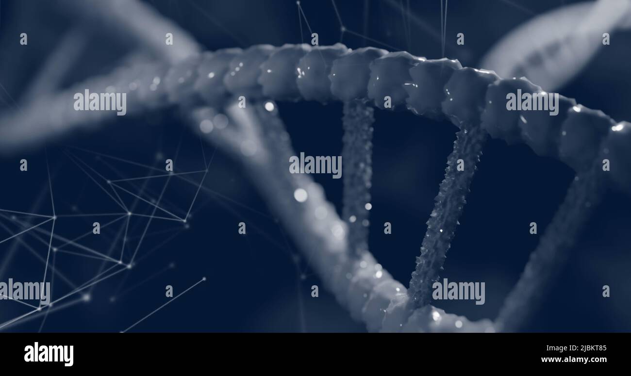 Image of dna strand over network of connections on blue background ...