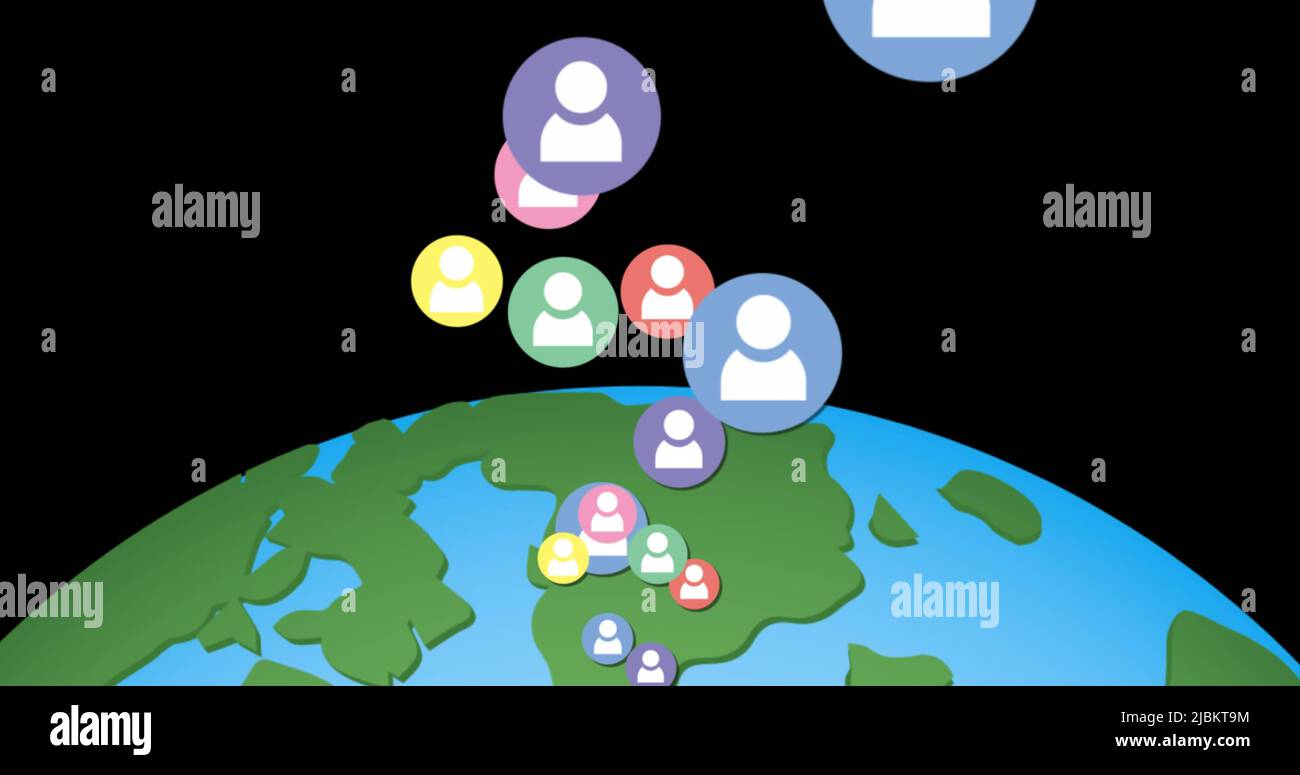 Image of icons with users floating over globe Stock Photo - Alamy