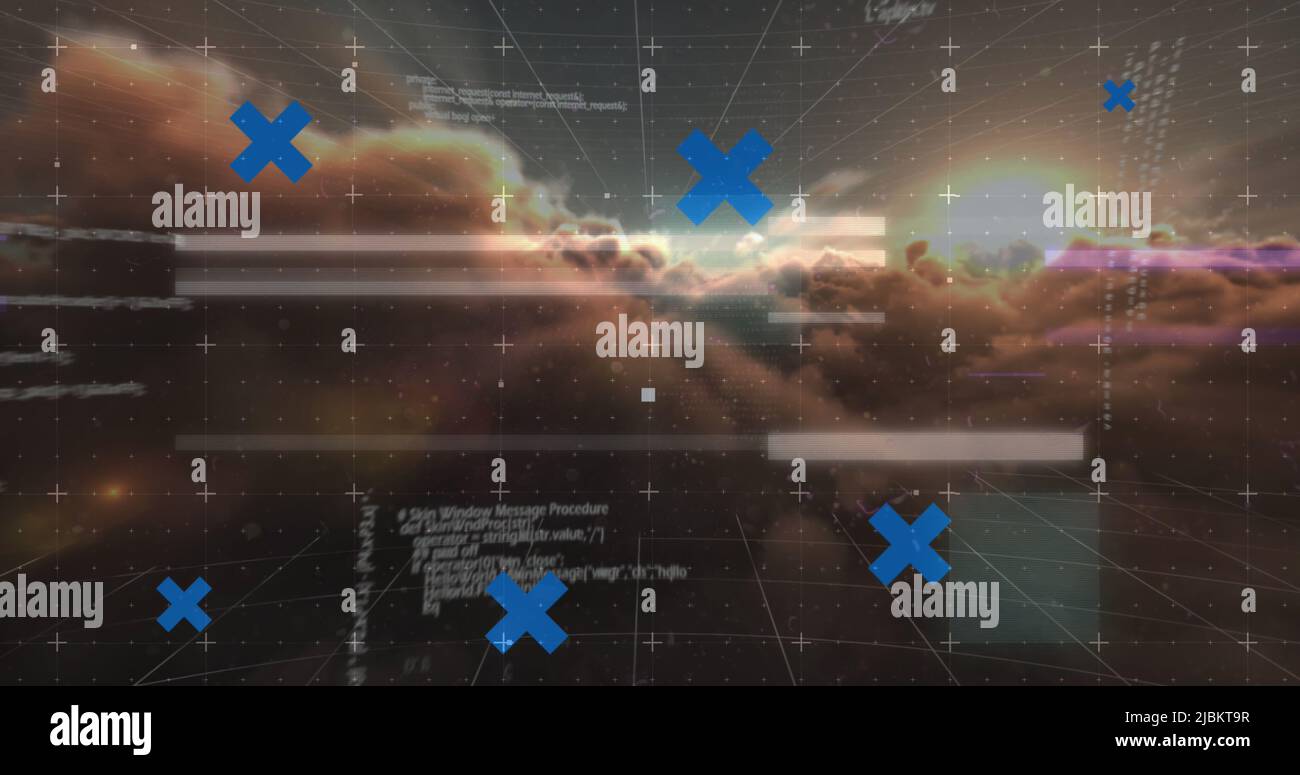 Abstract shapes and grid network over network of connections against ...