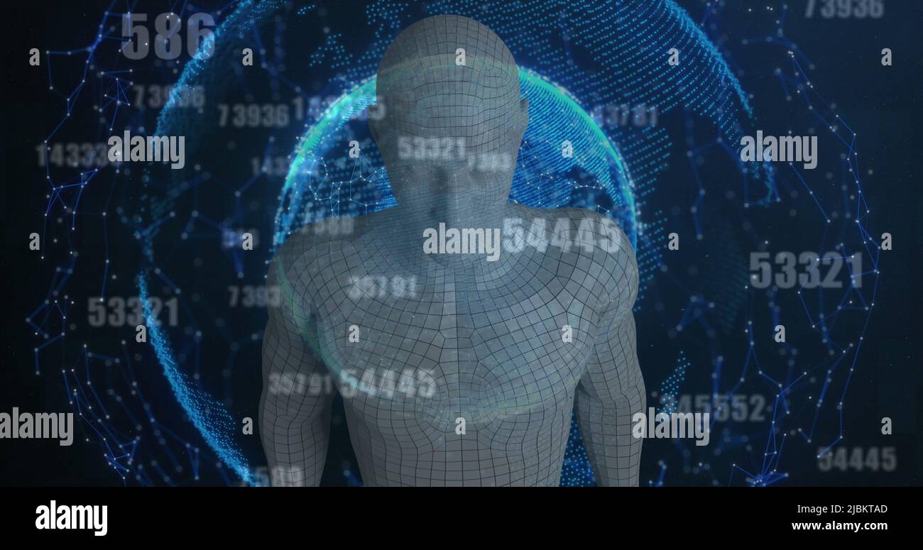Multiple changing numbers and male human body model against globe of ...